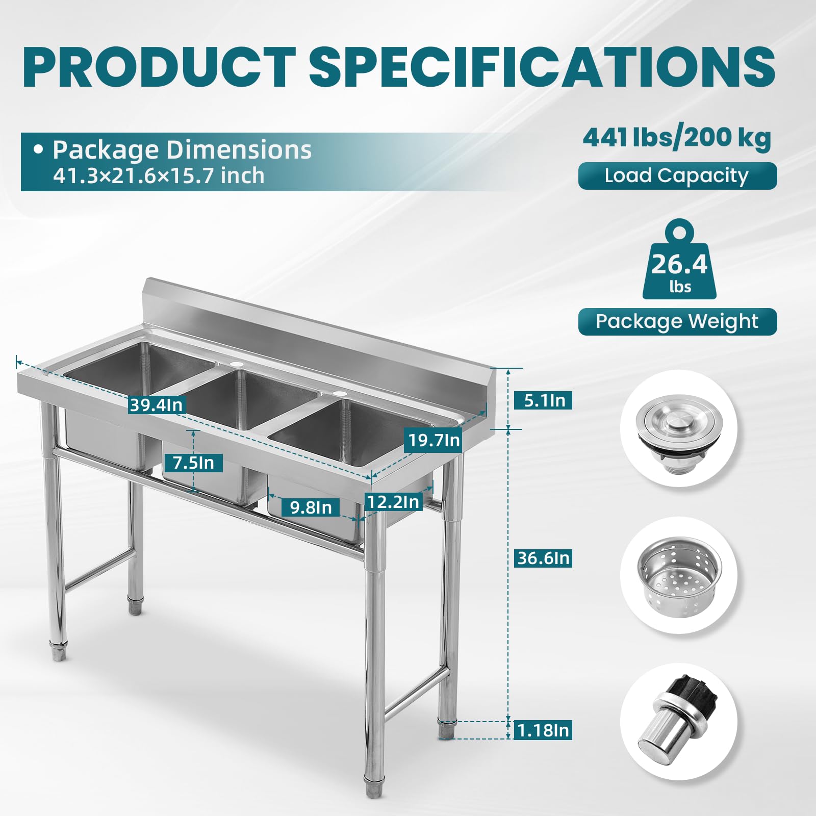 Loccdaok 3 Compartment Utility Sink Stainless Steel Commercial Kitchen Sink Free Standing Triple Bowl Laundry Room Outdoor Garage Sink for Restaurant, Kitchen, Bar, 39" x 20" Triple Bowl