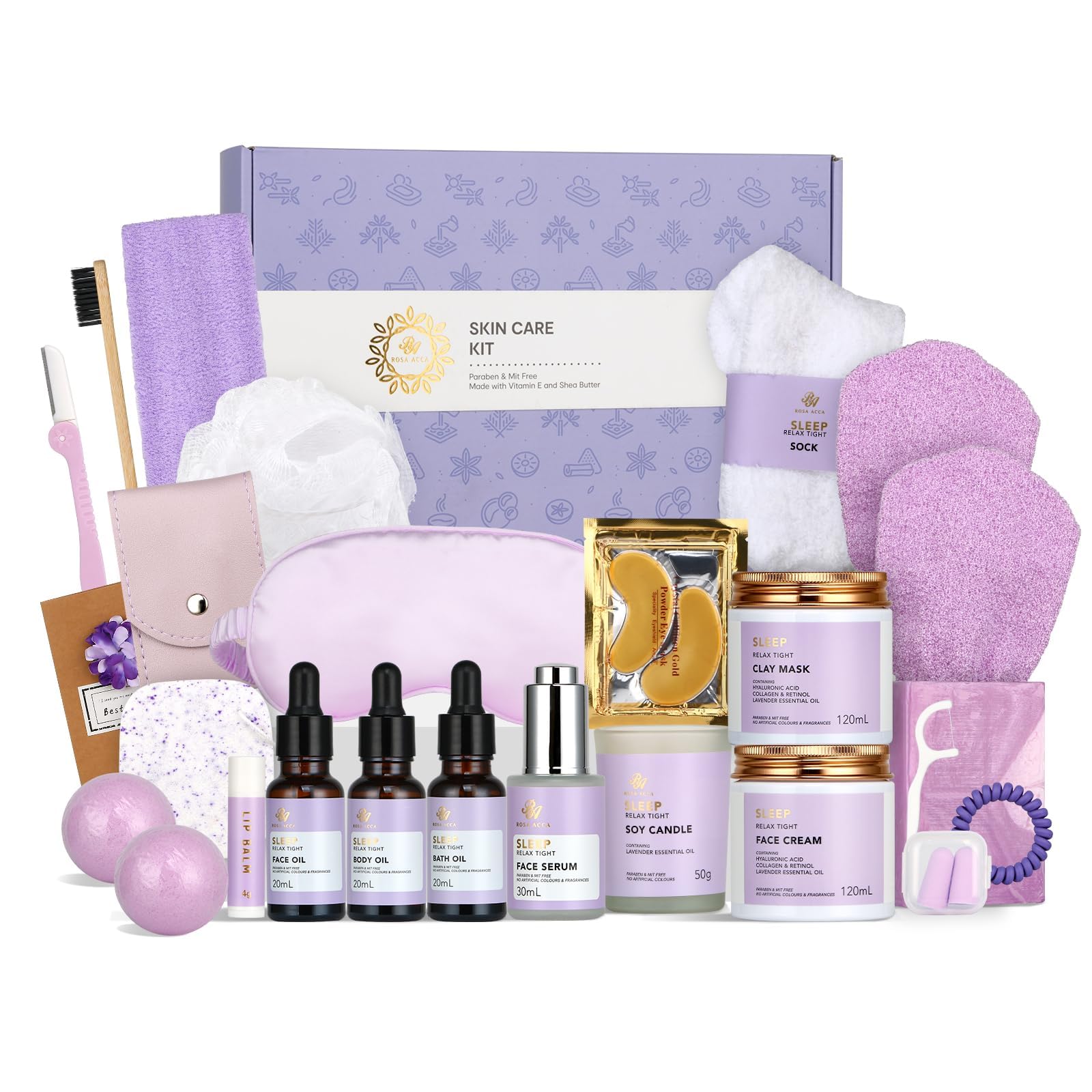 Facial Skin Care Set & Spa Kit - Mothers Day Gift Ideas, Self-care Relaxation Gifts, Skin Care Collection with Essential Oils, Hyaluronic Acid, Vitamin E. (Lavender)