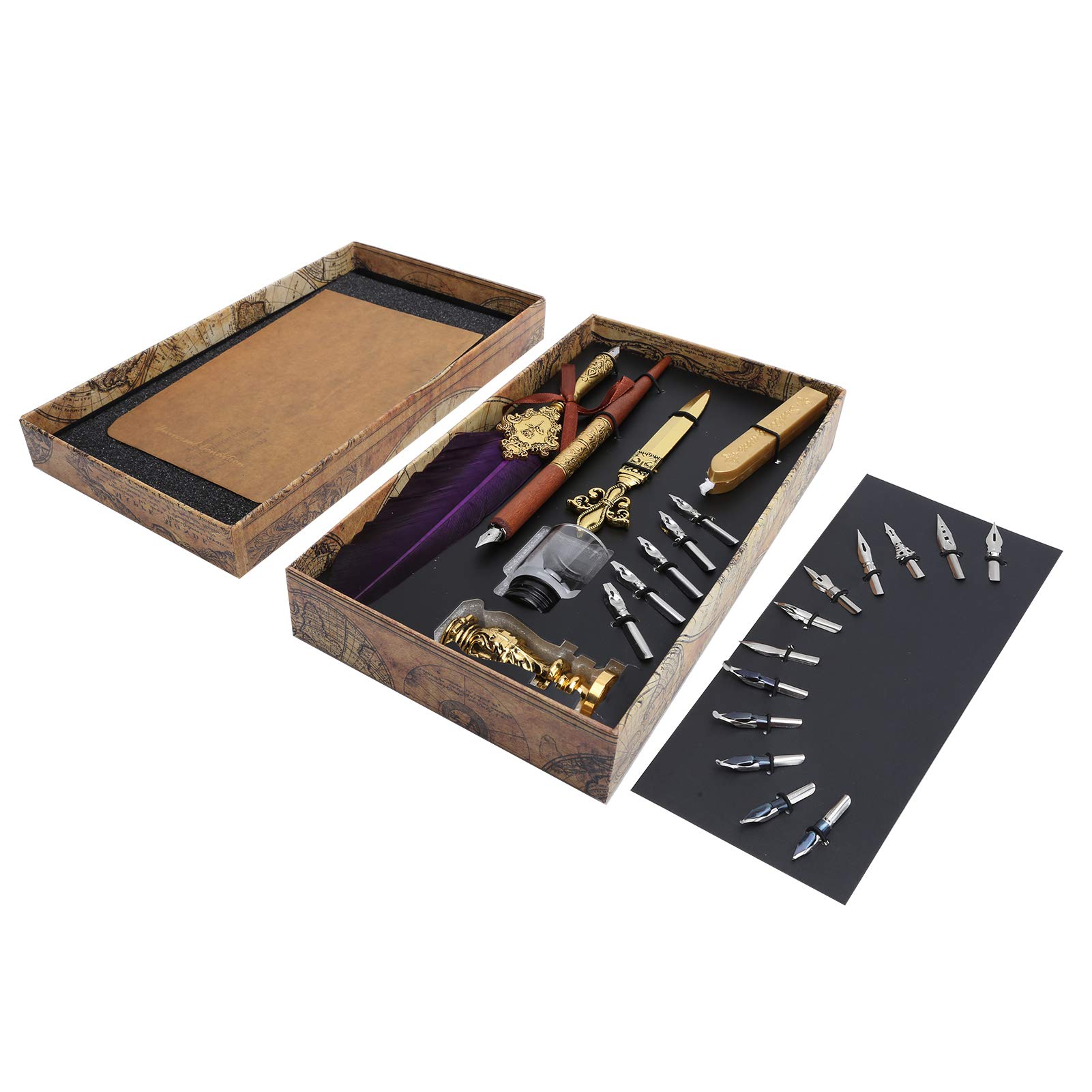 Feather Pen Set,Calligraphy Writing Drawing Quill Dip Kit Vintage Art Craft Collection Writing Paper Calligraphy Pen Ink Set(Purple)