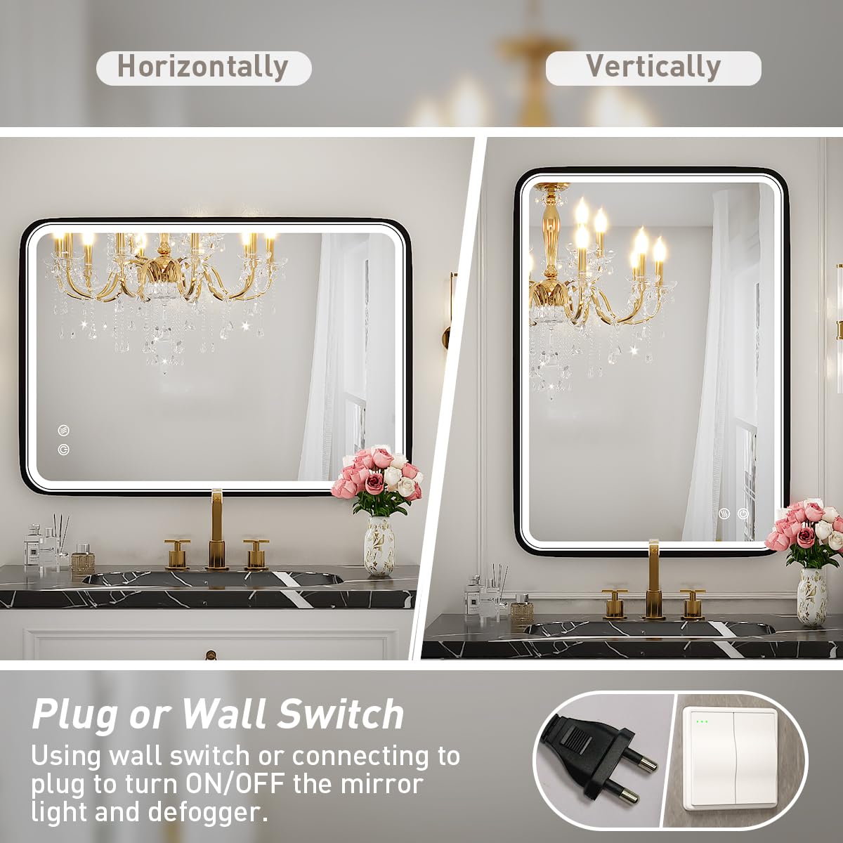 FTOTI 20X28 Inch LED Bathroom Mirror with Lights,Wall Mounted Lighted Mirrors with Non-Rusting Black Metal Frame Anti-Fog Memory Funtion Stepless Dimmable,6000K(Horizontal&Vertical)