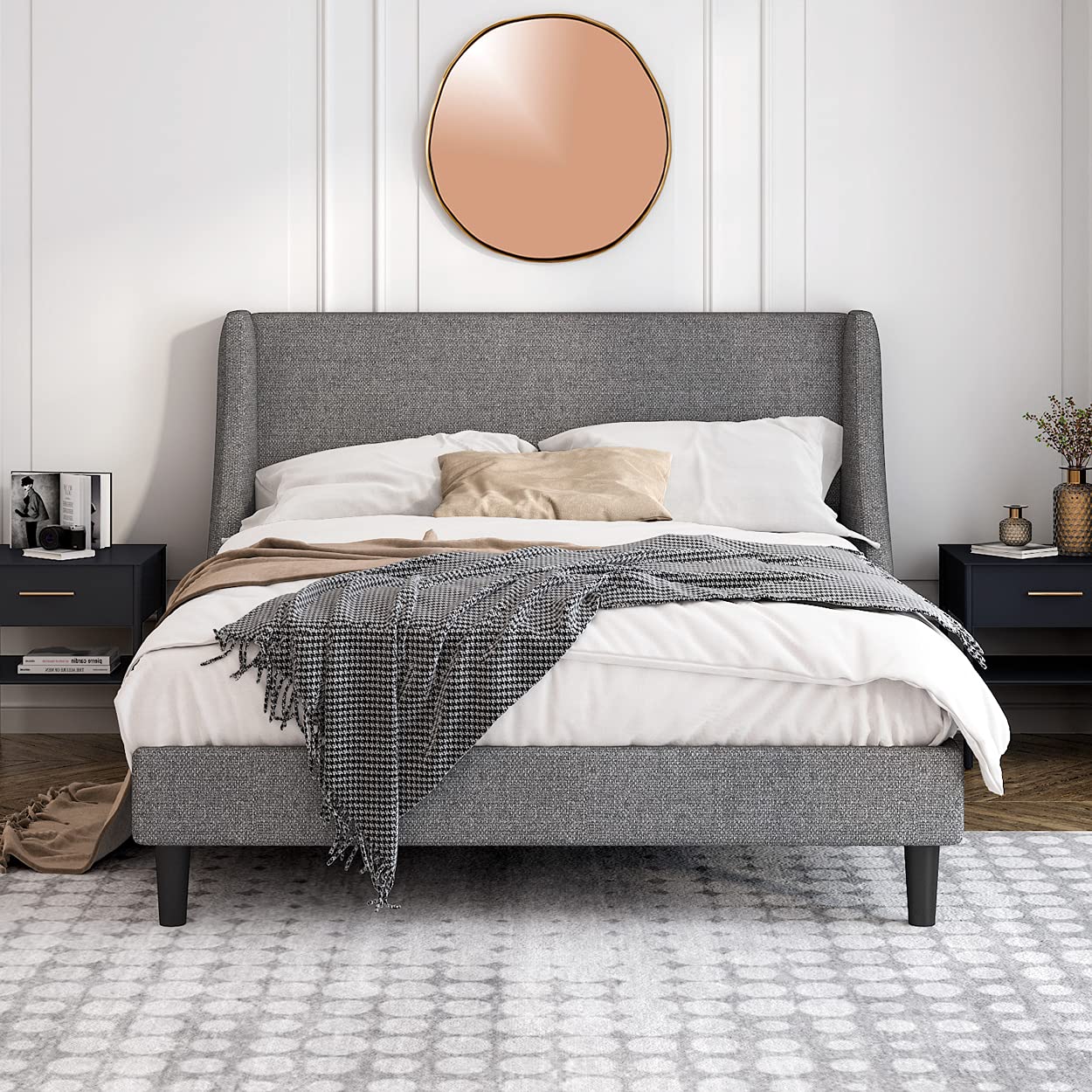 Einfach Queen Size Platform Bed Frame with Wingback Headboard/Fabric Upholstered Mattress Foundation with Wooden Slat Support Light Grey