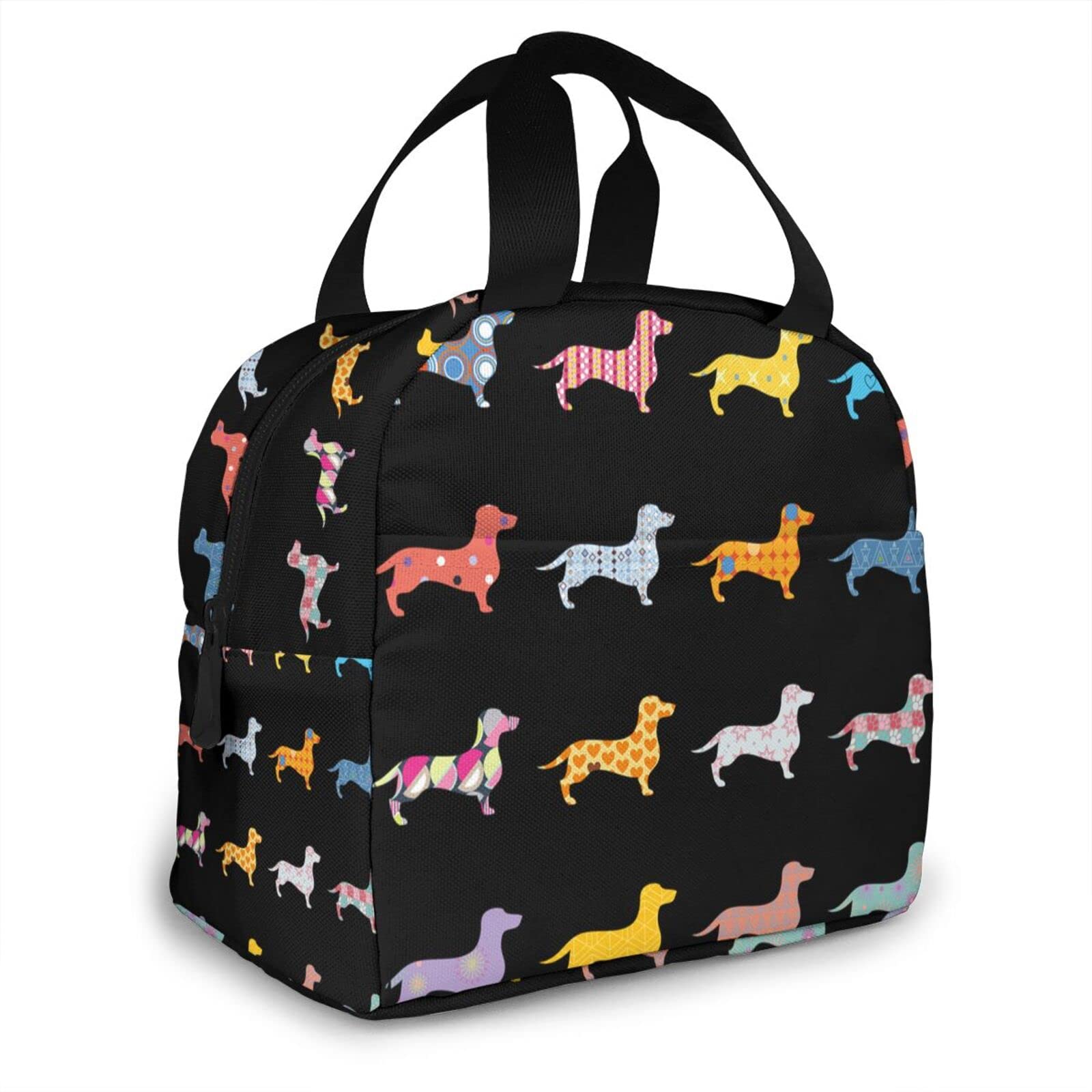 Groamaup Insulated Lunch Bag Black Cartoon Dachshund Puppy Dog Reusable Cooler Tote Lunch Bags For Office Travel