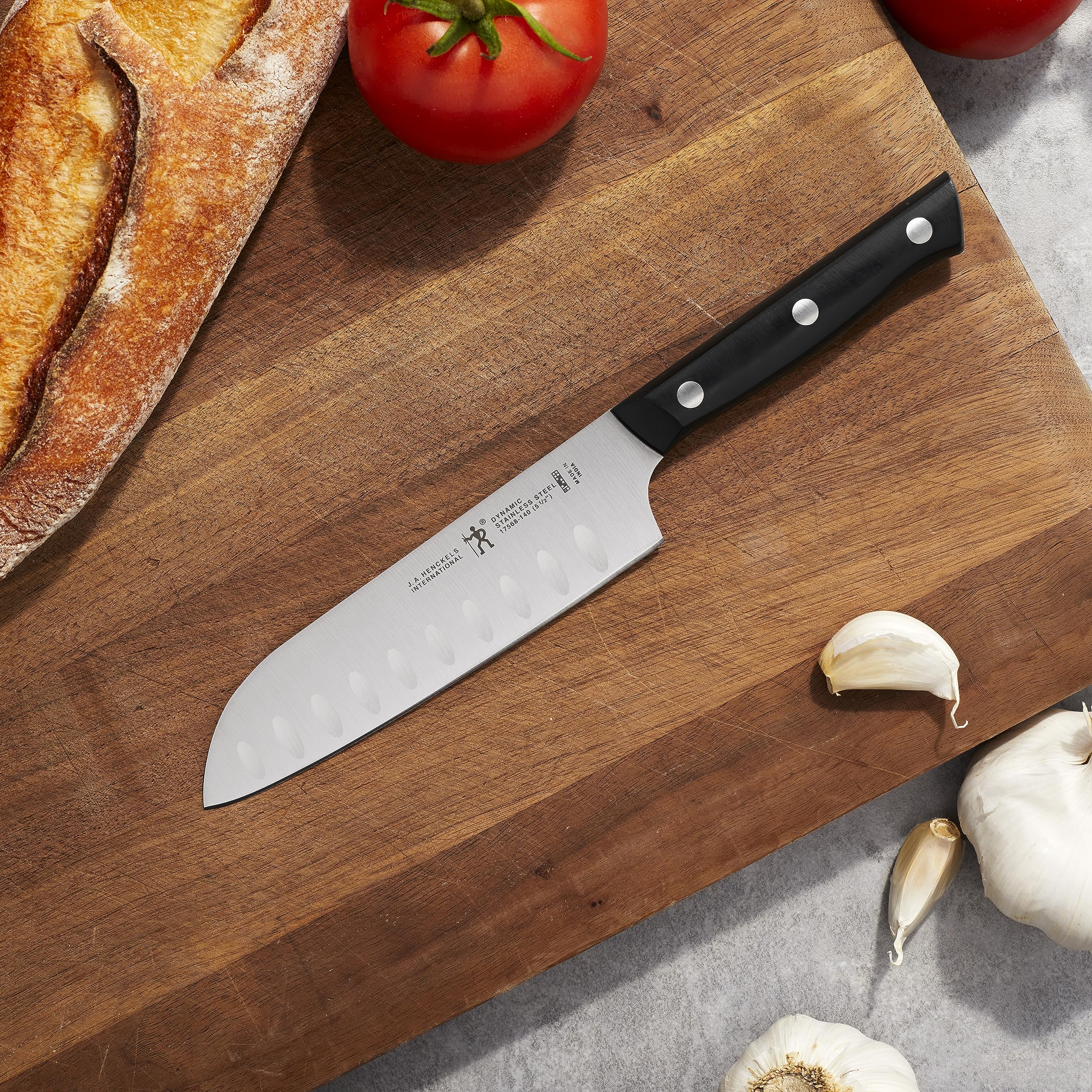 HENCKELS Dynamic Razor-Sharp Hollow Edge Santoku Knife 5 inch, German Engineered Informed by 100+ Years of Mastery, Black/Stainless Steel