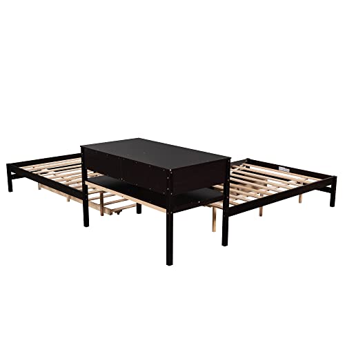 Full Size L Shaped Bed Platform Bed with Trundle and Drawers Linked with Built-in Rectangle Table, Wooden Bed Frame for Kids Teens Adults (Espresso)