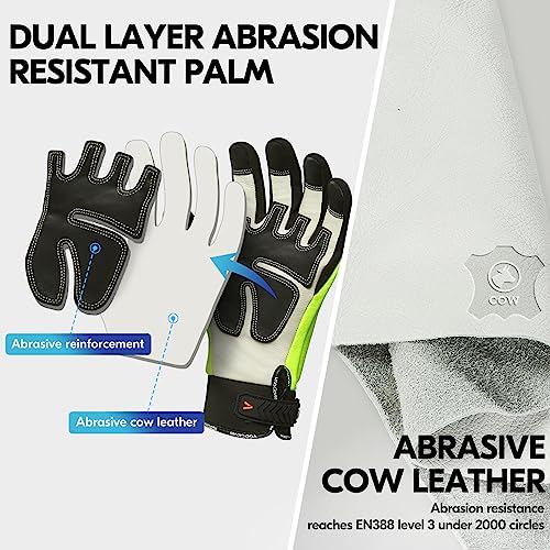 Vgo... Chainsaw 12-Layer Saw Protection on Both Hands Cow Leather Gloves (1 Pair,Size L, Hi-Viz Green, CA9760)