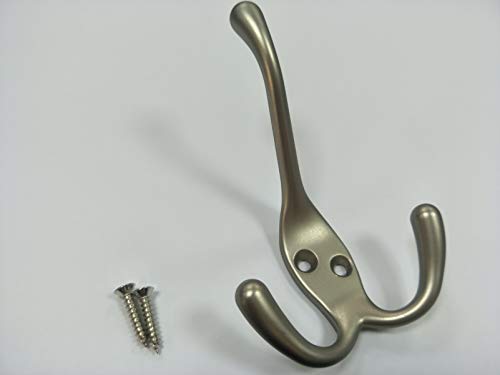 QCAA Coat Hat Hook with Three Prongs, 4", Zinc Die Cast, Satin Nickel, 5 Pack, Made in Taiwan