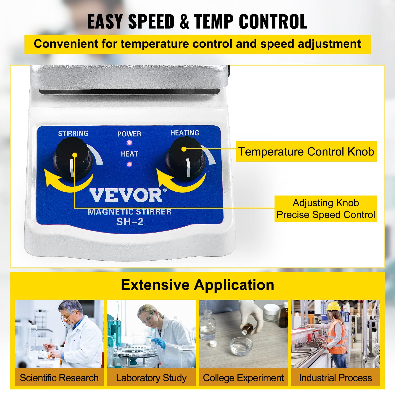 VEVOR SH-2 Magnetic Stirrer, 0-2000 RPM, 1000ml Mixing Capacity Laboratory Magnetic Stirrer Hotplate w/Stand, 180W Heating Power & 380°C Max Heating Temperature, for Lab Liquid Mixing Heating