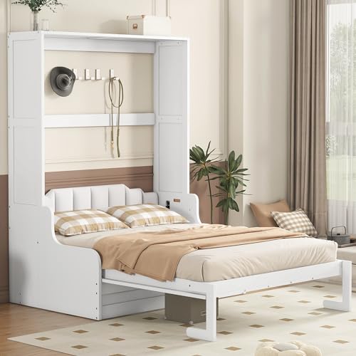 Murphy Bed Queen Murphy Bed with Cushion Under the Chair, Queen Size Murphy Bed Cabinet Bed, Wood Queen Wall Bed, Hidden Murphy Bed, Horizontal Murphy Bed for Guest Bedroom Apartment Studio Use, White