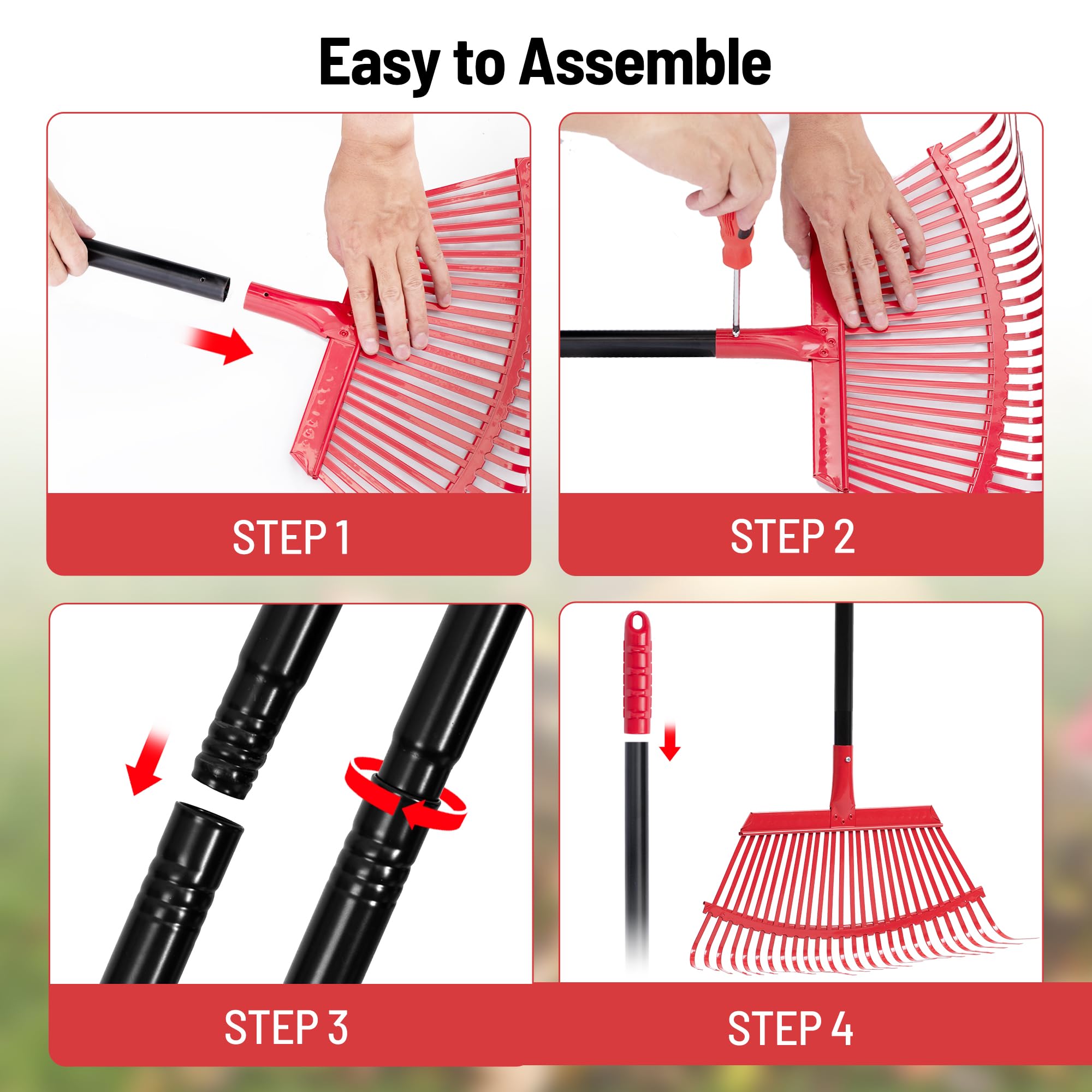 Garden Leaf Rake with 60 Inch Adjustable Long Steel Handle, 11 Metal Tines 8.8" Wide Garden Rake for Lawns Shrub Debris and Flower Beds