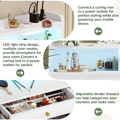 VIAGDO Makeup Vanity with Lights, Vanity Desk with 3-Color Touch Screen Lighted Mirror, White Vanity Table with Charging Station, Modern Makeup Desk with LED Lights, Adjustable Drawer Dividers