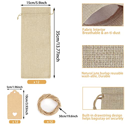 Qibote Burlap Wine Bags with Drawstrings, Wine Bags Gift - Single Reusable Bottle Bags Perfect for Travel, Wedding, Birthday, Housewarming and Dinner Party (12 Pcs - Brown)