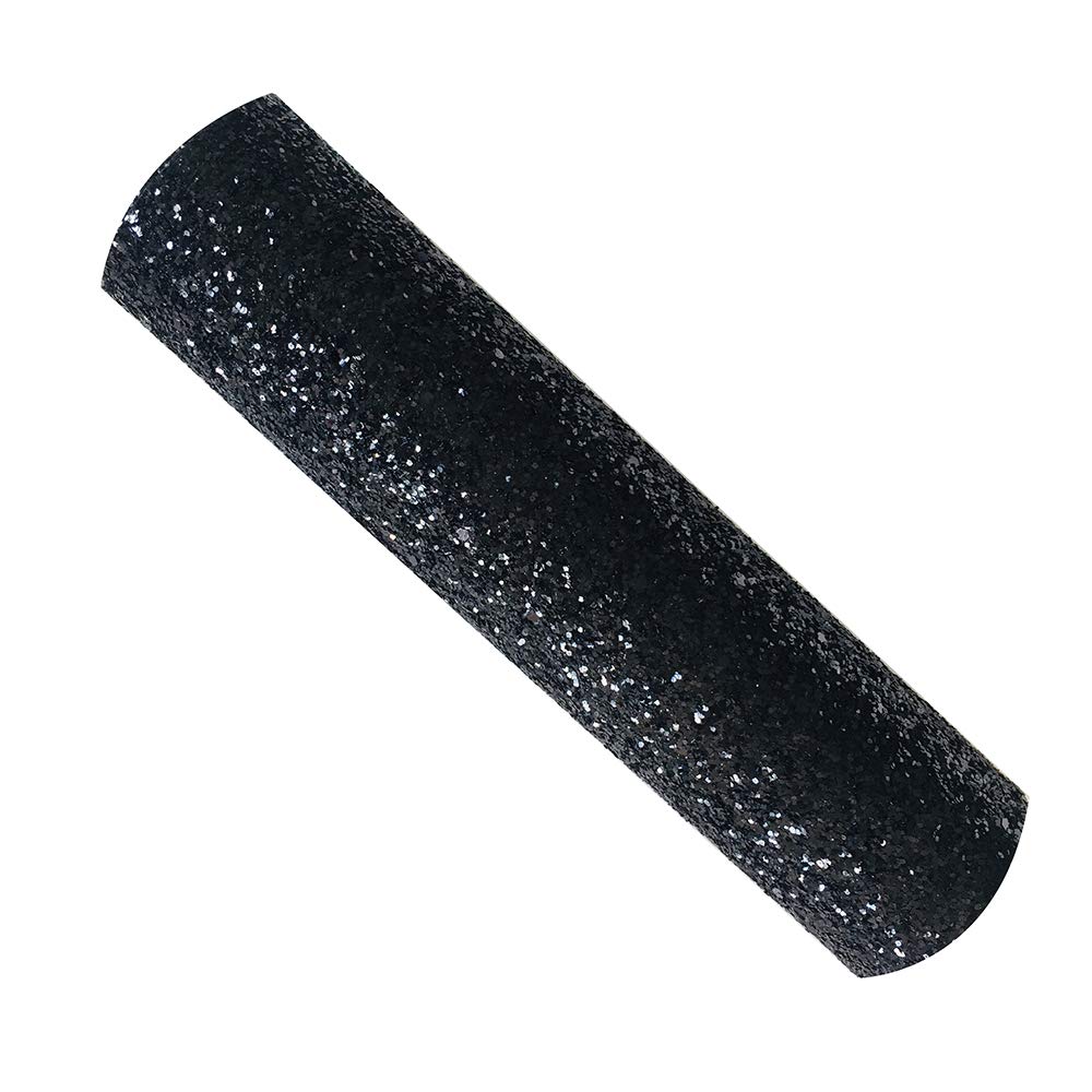 SOV Ultra Chunky Glitter Fabric Vinyl Sparkle Faux Leather Perfect for Key Chain Bows Craft Bag Cover Sewing Patchwork DIY Craft Thick Canvas Back 8” x 53” (21cm x 135cm) 1 Roll (Black)