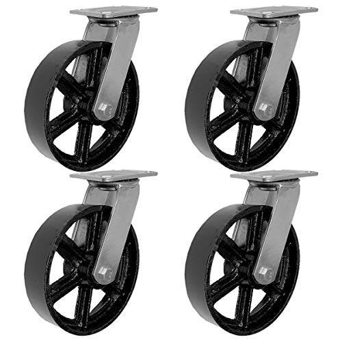 FactorDuty 4 Pack 8" Vintage Caster Wheels Swivel Black Cast Iron Heavy Duty Casters Industrial 4800LB Overall Capacity Rustic Retro Antique Cart Style Old Style