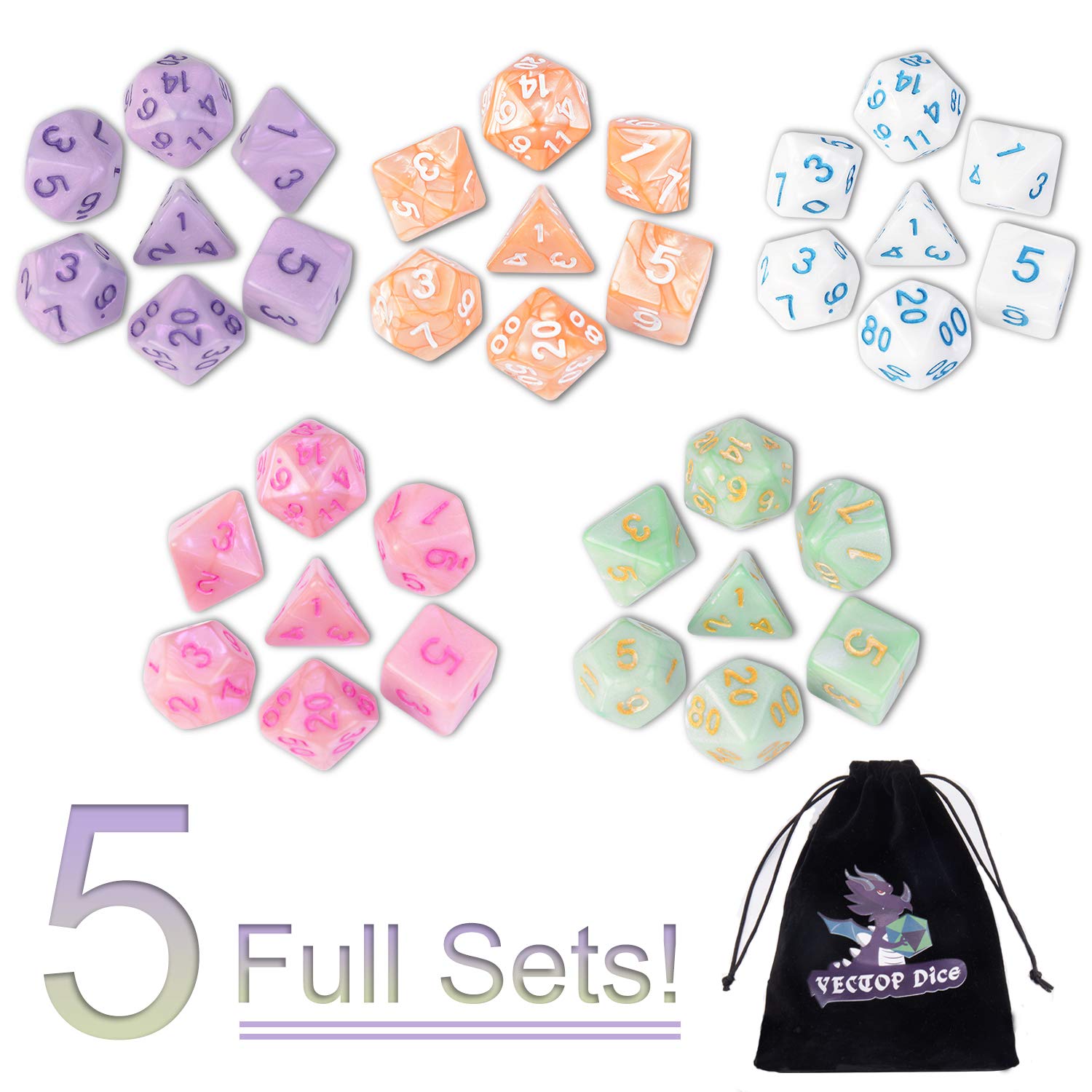 DND Dice, 5 x 7 Sets (35 Pieces) Polyhedron Dice for Dungeons & Dragons RPG MTG DND Tabletop Game with 1 Free Pouch D4 D8 D10 D12 D20