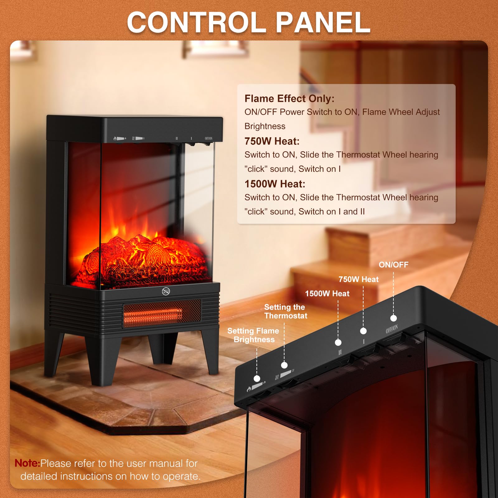 Electric Fireplace Stove, 1500W Freestanding Fireplace Heater with 3-Sided View, Realistic Flame, Adjustable Brightness and Heating Mode, Thermostat, Overheating Safe Design, ETL Certified