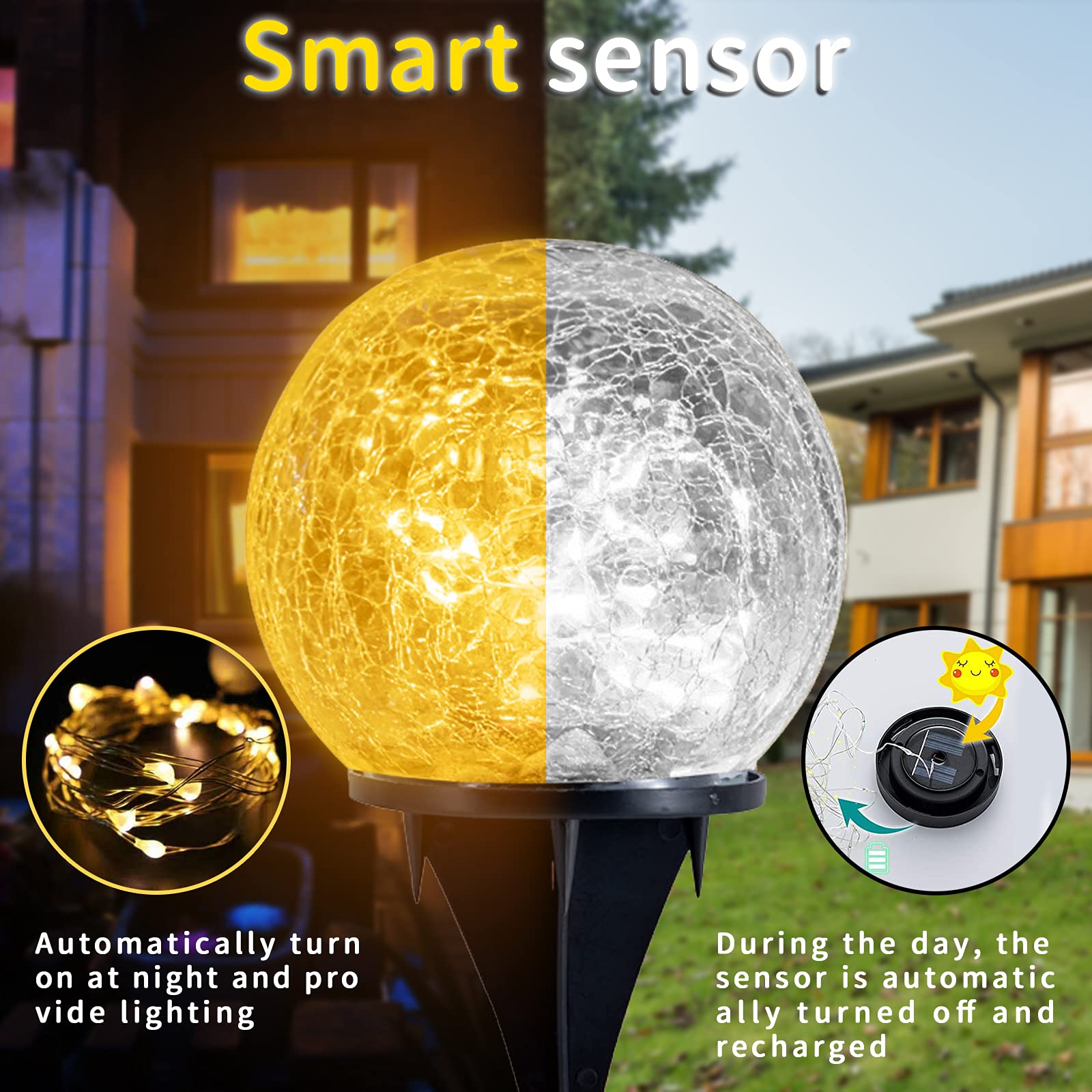 Garden Solar Lights Pathway Outdoor Cracked Glass Ball Waterproof Warm White LED for Walkway Patio Yard Lawn (5.9)