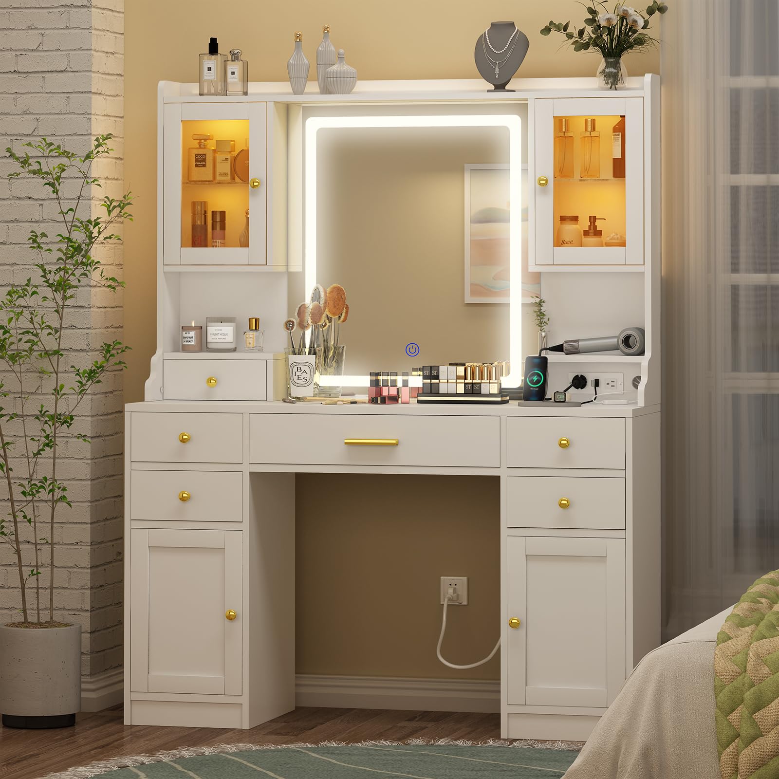 Dnxao White Vanity Desk with Mirror,Lights and Charging Station,Make up Vanity Mirror with 3 Lights Mode and Brightness Adjusted,Large Storage Space-6 Drawers,4 cabinets,2 RGB cabinets
