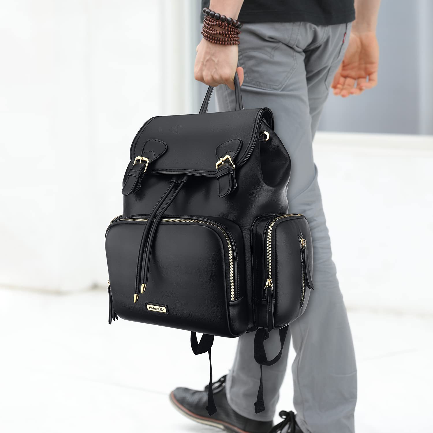 Hafmall Diaper Bag Backpack, Leather Diaper Backpack with 4 Insulated Pockets for Mom Dad, Stylish Baby Bag with Stroller Hooks, Travel Backpack for Mommy, Black Maternity Bag