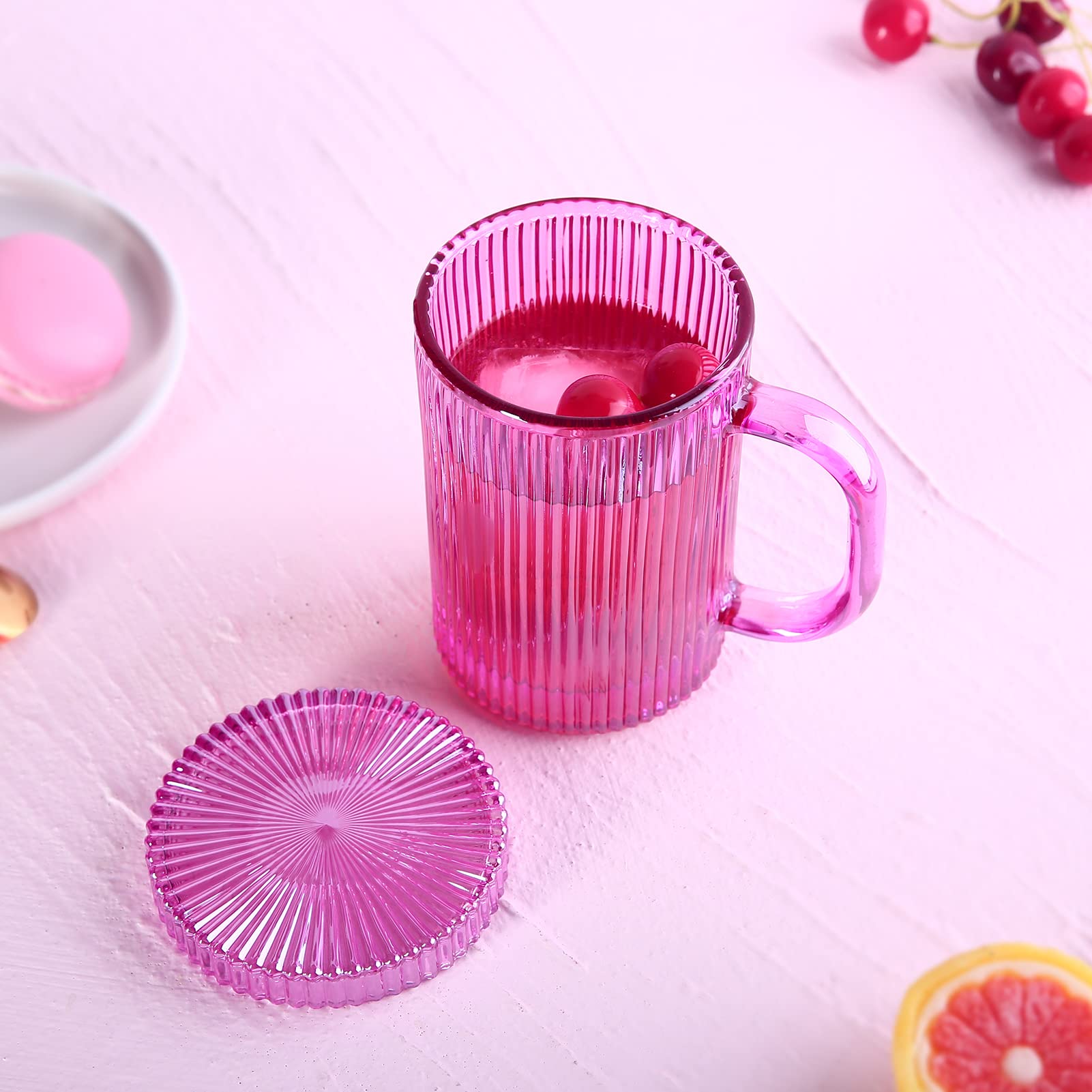 G Meridian Glass Coffee Mug with Lid 11.3 oz with Lid can be usded as Coaster for Latte Chocolate Americano Milk Oats Yoghurt Iridescent Dark Pink