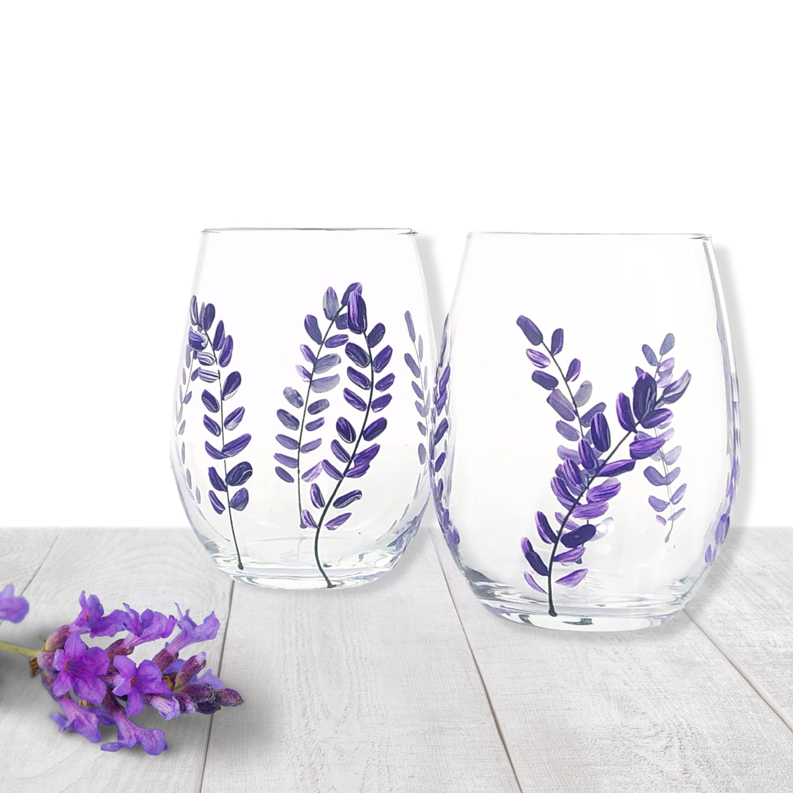 Hand Painted Lavender Flower Wine Glasses, Brushes with a View set of 2 Artisan Made Floral Drinking Glasses Set, Perfect Mother’s Day, Bridal Shower, Christmas & Easter Gift, 15 oz