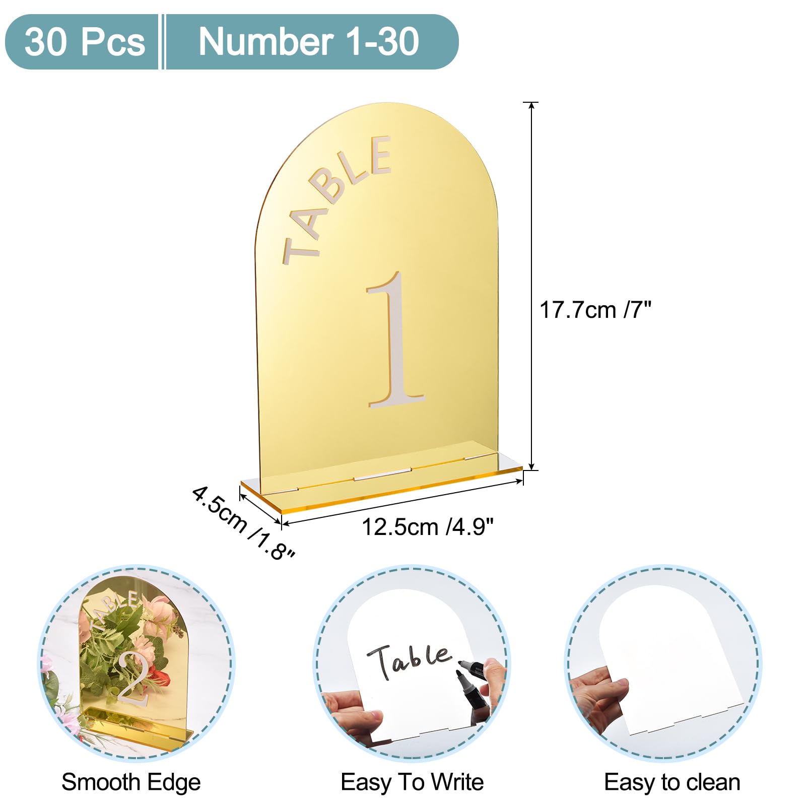 uxcell 30pcs 4.8 x 7 Inch Gold Arch Acrylic Sign with Stand, Acrylic Arch Table Number Holders for Wedding Table Centerpiece Decoration(Number 1-30)