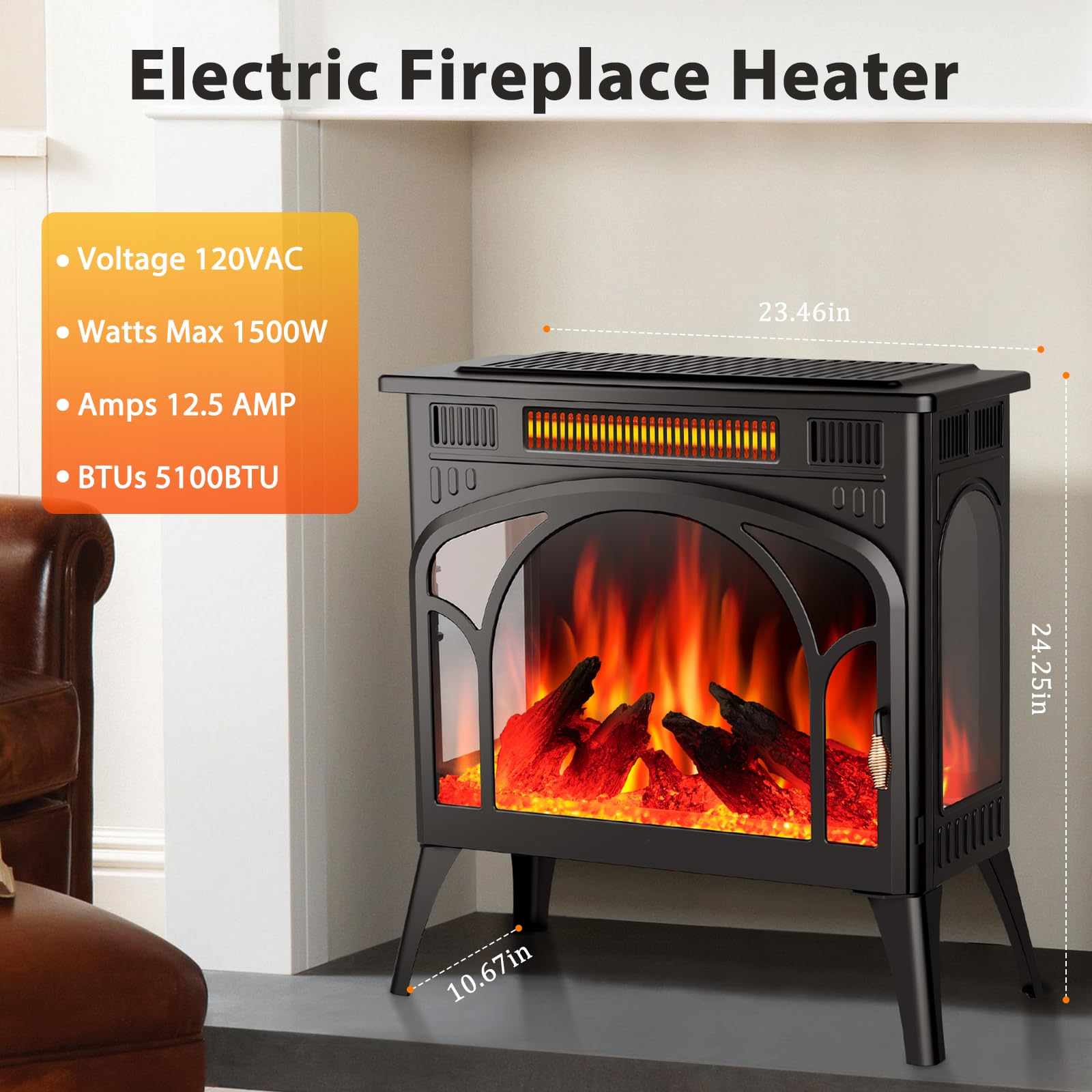 Electric Fireplace Heater Portable Electric Fireplace Stove Heater Indoor,12 Flame Colors,12 Flame Bed Colors,5 Flame Brightness,5 Flame Speeds,Control The Temperature
