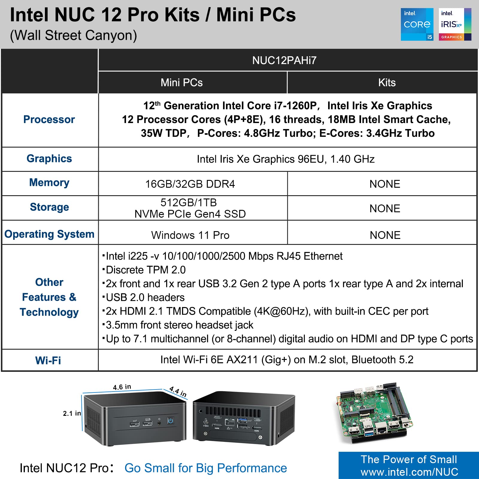 Intel NUC 12 Pro desktop Mini PC, Latest 12TH GEN Intel Core i7-1260P 12-Cores, Upto 4.7GHz Turbo, 18MB Intel Smart Cache, Intel Iris Xe Graphics, 16GB RAM, 512GB SSD, Win 11 Pro（NUC12WSHi7）