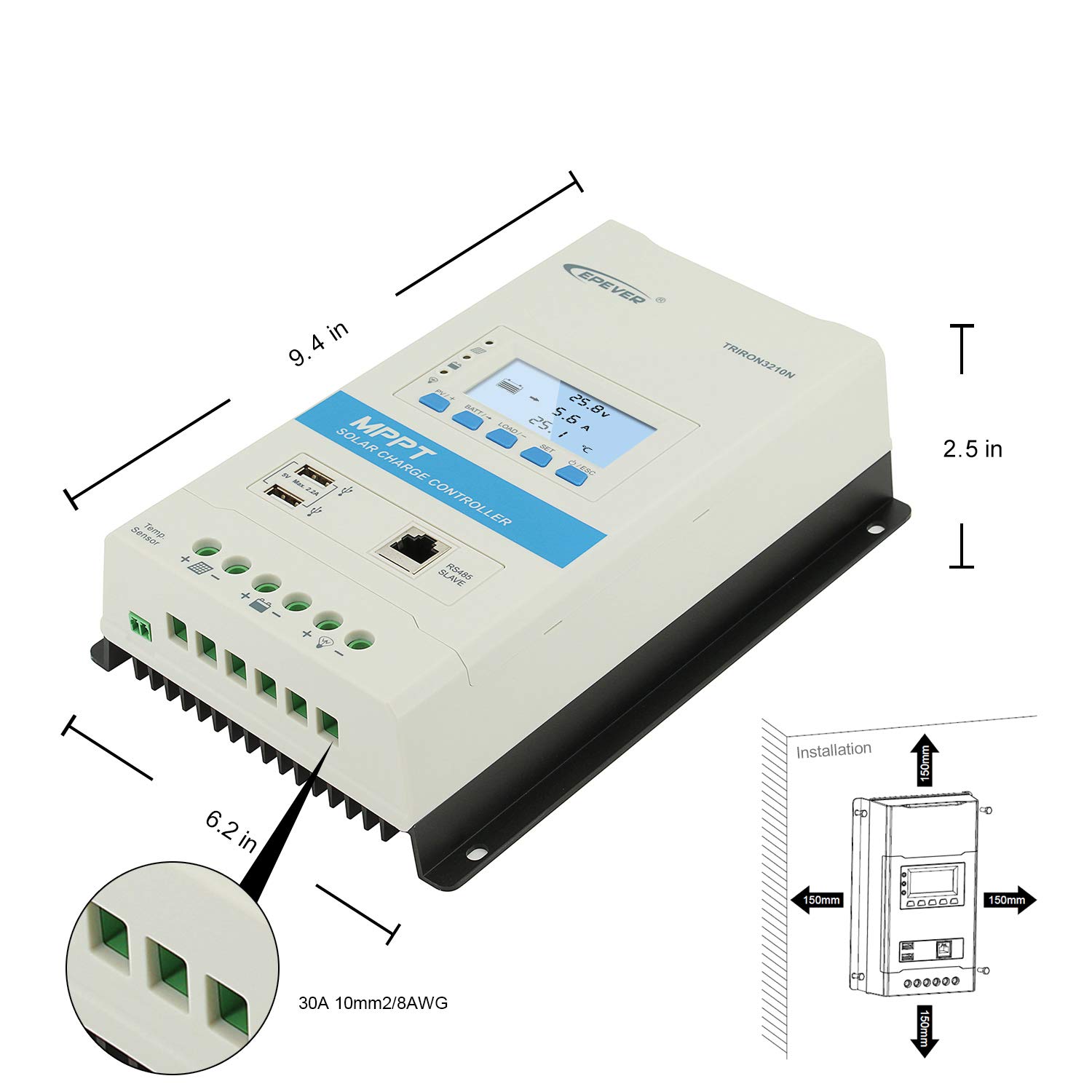 EPEVER mppt 30a Solar Charge Controller+MT50 Remote Controller kit, 12V 24V System Voltage Negative Ground Remote Control with TS-R RS485 Lead-Acid&Lithium Support