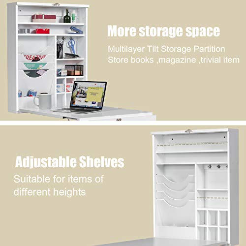 Tangkula Wall Mounted Desk, Floating Desk with Chalkboard, Space Saving Fold Up Desk Wall Mount Convertible Desk, Multi-Function Wall Mounted Table with Storage Shelves & Hooks(No Assembly Required)