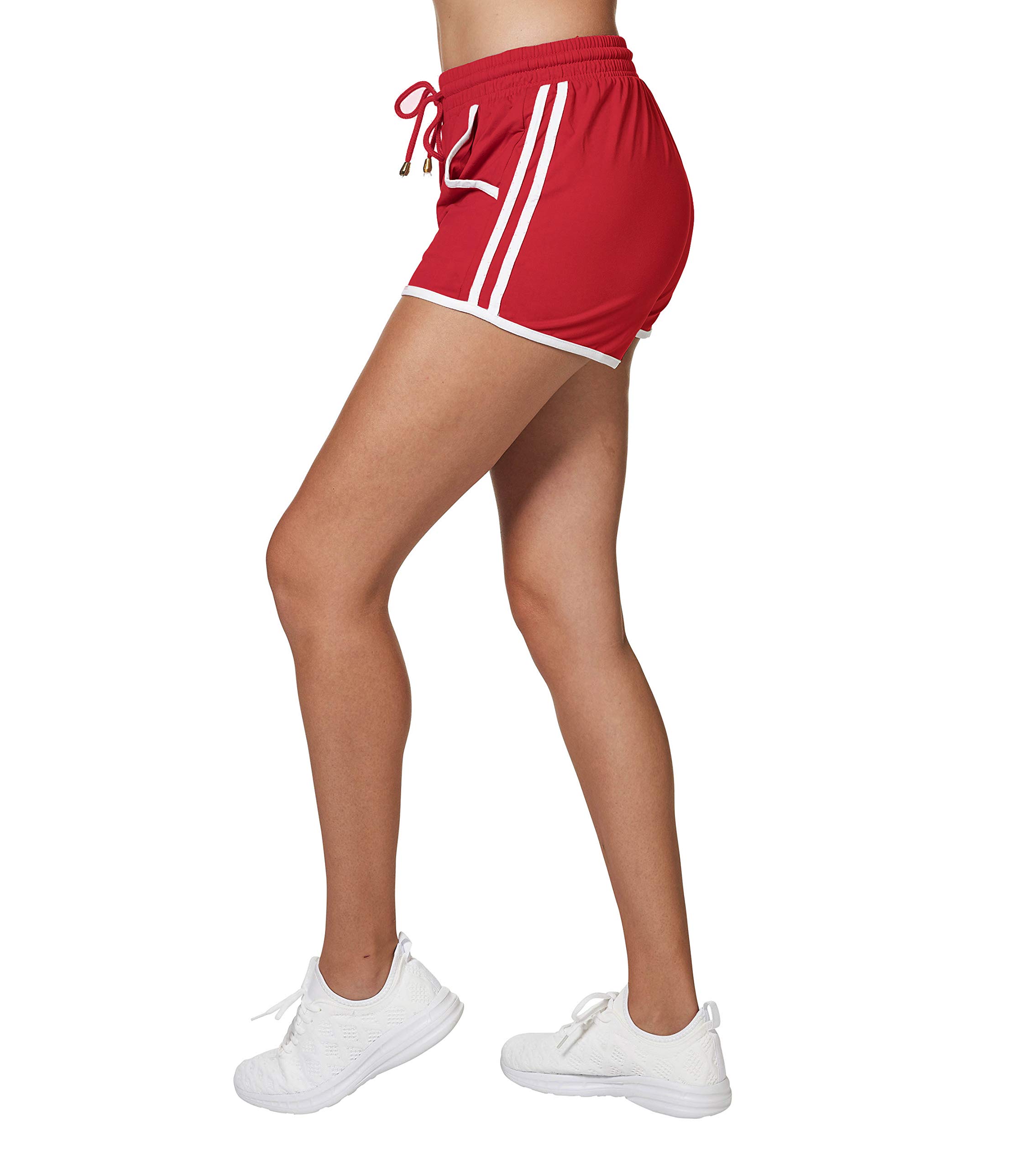 Indero Women's Active Shorts with Pocket Side Stripes Ultra Soft Workout Yoga Lounge Running Pants - Red Poinciana S M
