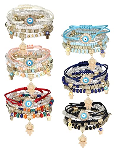 DOLOTTA 6 Sets Bohemian Stackable Bead Bracelets for Women Stretch Multilayered Beaded Bracelet Crystal Beaded Lucky Protection Evil Eye Hamsa Hand Bracelet Set