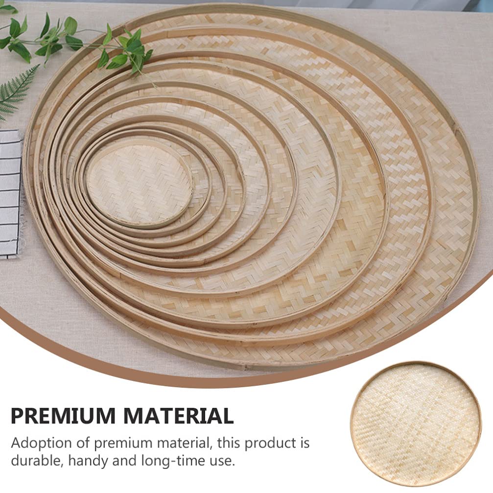 Healifty 4 Pcs Handwoven Flat Wicker Round Fruit Basket Woven Food Storage Weaved Shallow Tray Organiser Vegetable Fruit Bowl Kids DIY Drawing Board Wall Basket Decor for Kitchen Table Centerpiece