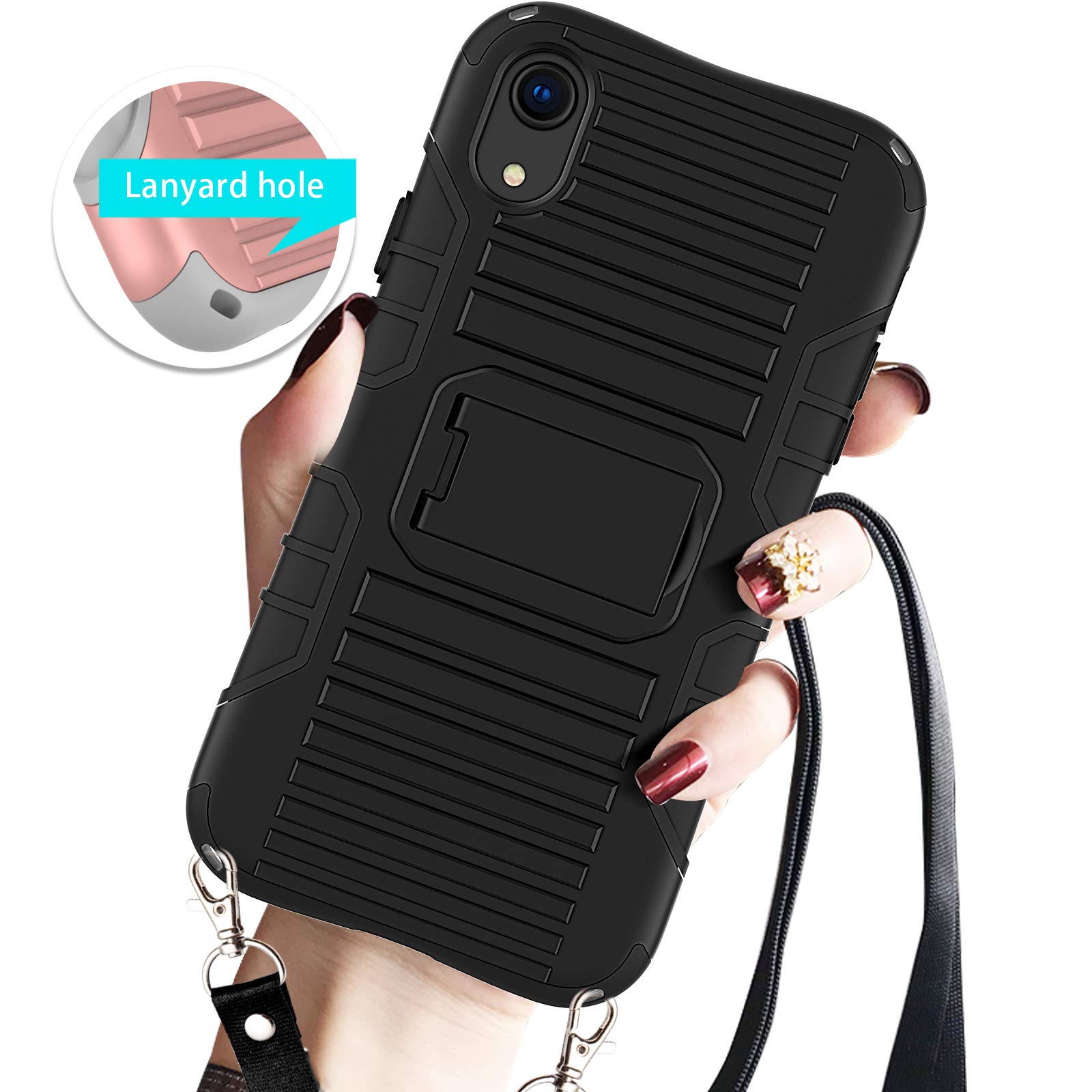 E-Tree for iPhone Xr Case [Shockproof] [Dropproof] [Anti-Lost] with Cross Body Strap and Stand, Shockproof Hard PC & Soft Rubber, Crossbody Lanyard Perfect for Go Outside and Kid Elderly, Black