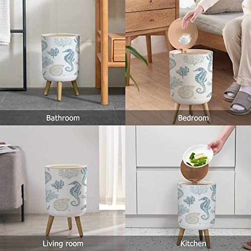 Small Trash Can with Lid Marine hand drawn sea shells stars seahorse coral Highly detailed Round Garbage Can Press Cover Wastebasket Wood Waste Bin for Bathroom Kitchen Office 7L/1.8 Gallon
