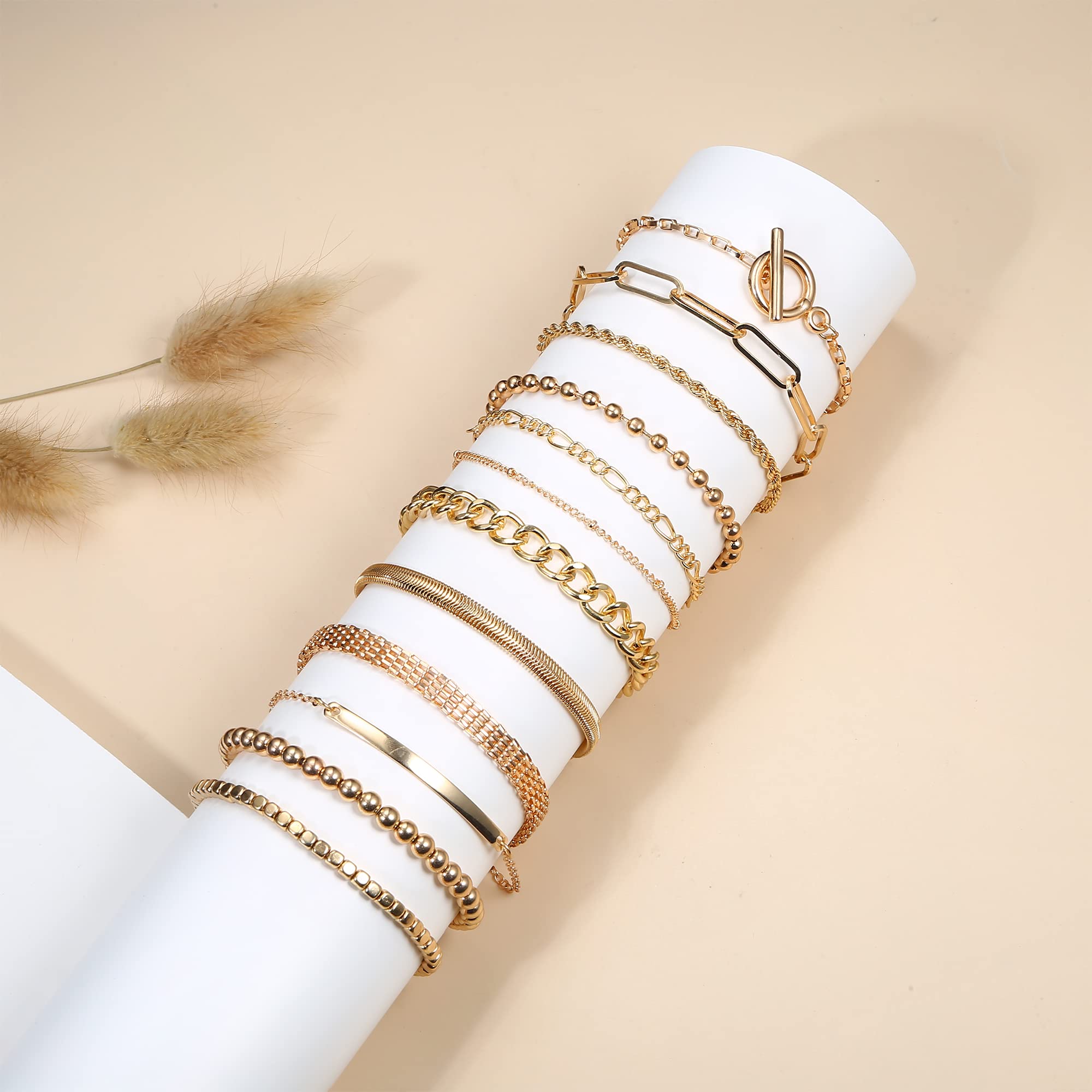 Fansilver 12Pcs Gold Women 14K Gold Plated Boho Stackable Bracelets Paperclip Cuban Cuff Bangle Beaded Layered Link Chain Bracelets Set Gold Tone
