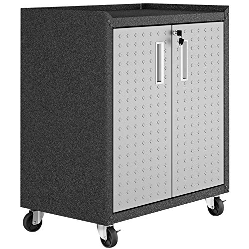 Pemberly Row Space Saving Metal 3 Piece Garage Storage Set with 2 Door Mobile Cabinet and 72" W Worktable