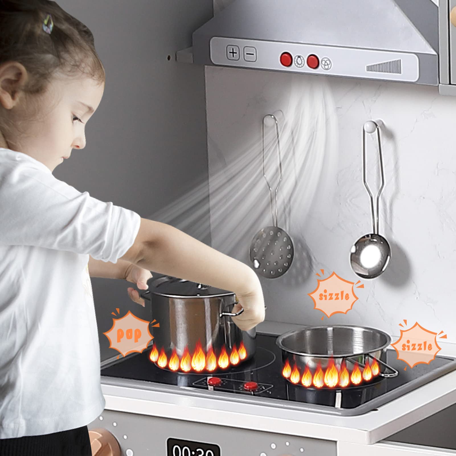 Kids Kitchen Playset, Wooden Chef Pretend Play Set with 20 PCS Cookware Accessories, Wooden Cookware Pretend with Ice Maker, Microwave, Oven, Range Hood, Sink, Real Lights & Sounds,Gray