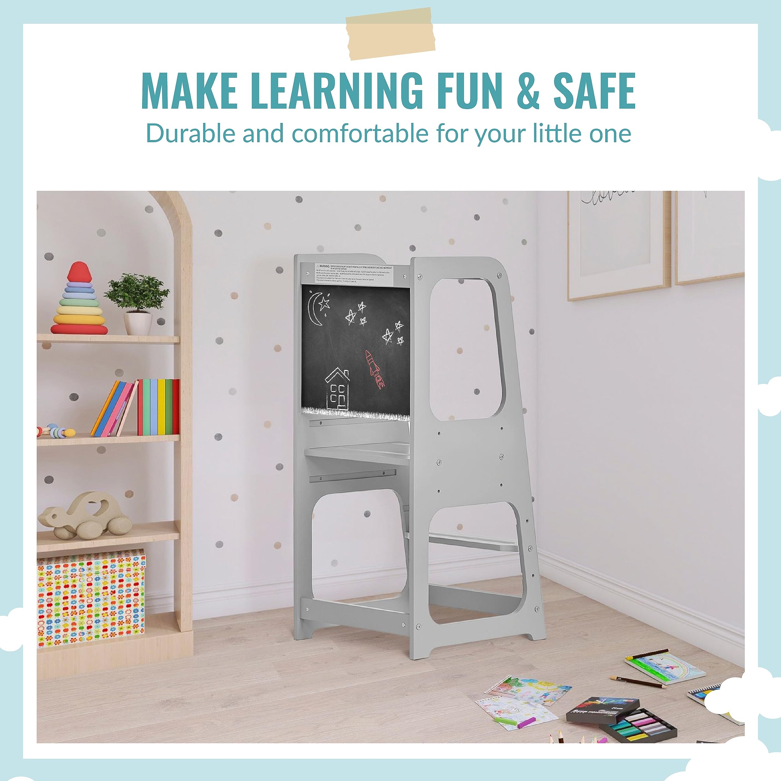 Dream On Me Explora Tower & Step Stool in Pebble Grey, Anti-Slip Base, Multipurpose Kids Step Stool, 3 Platform Heights, Chalkable Black Board