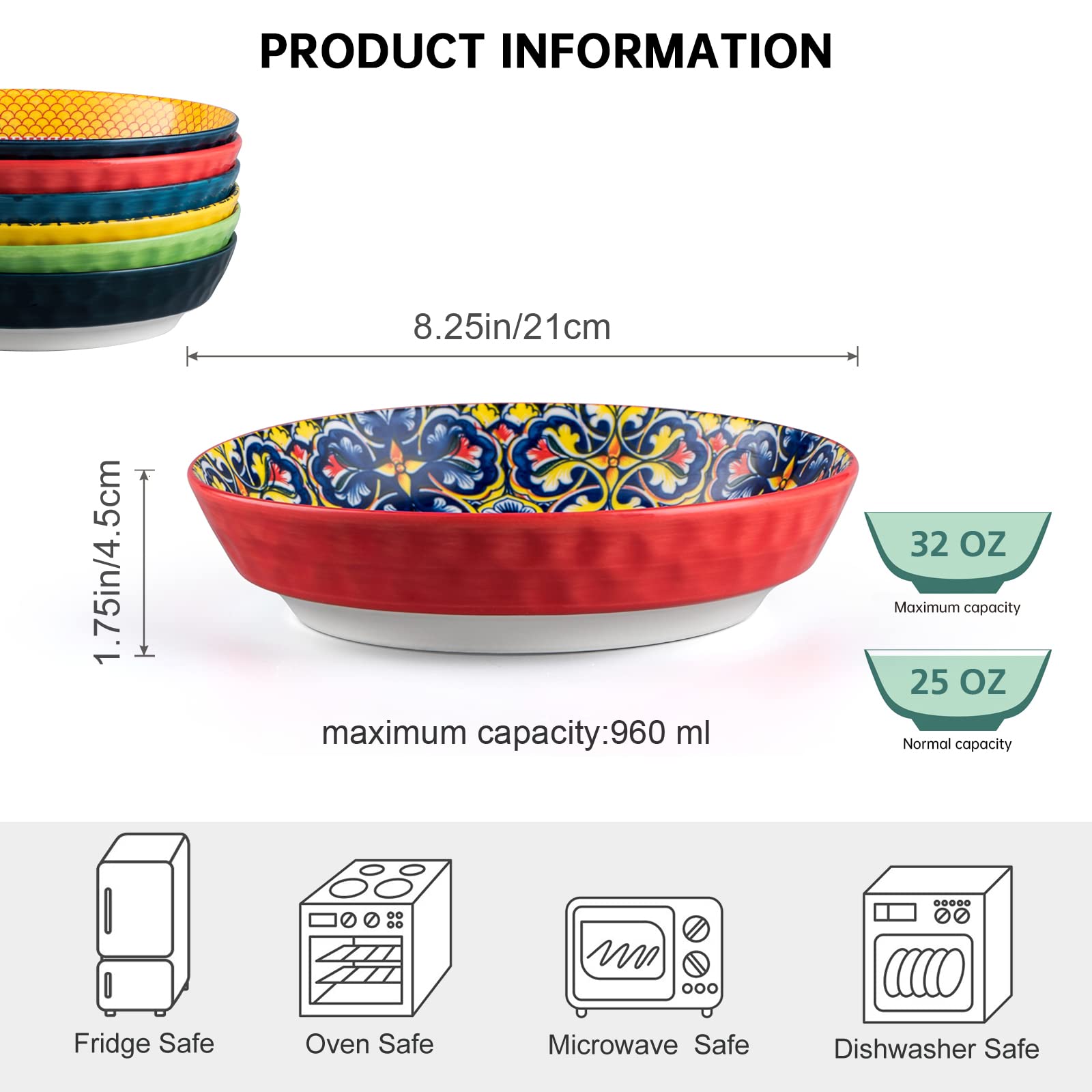 HENXFEN LEAD Ceramic Soup, Pasta Bowls Bundle - Colorful Bowls for Kithchen, Dinner, Eating -Bohemian Style