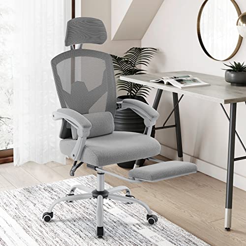 OLIXIS Gaming Ergonomic Foot Rest Reclining, High Back Mesh Home Office Computer Desk Chair with Wheels, Adjustable Headrest, Grey