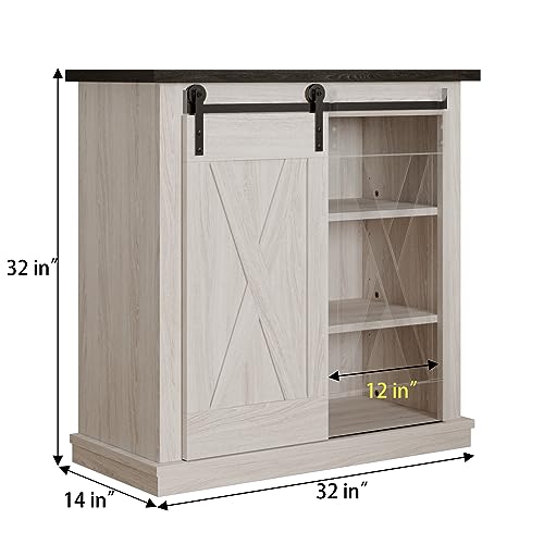 OLD CAPTAIN 32" Farmhouse Coffee Bar, Wooden Coffee Bar Cabinet with Sliding Barn Door, Kitchen Storage Cabinet with Adjustable Storage Shelves for Kitchen, Dining, Living Room (White)