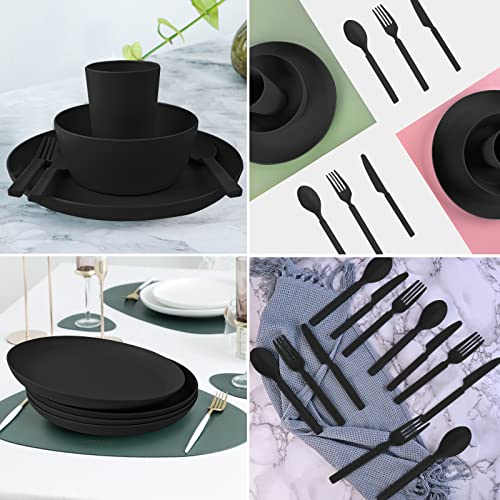 Wheat Straw Dinnerware Sets - 24 pcs Lightweight Unbreakable Dishwasher Microwave Safe Cups Cutlery Plates and Bowls Set for 4 Suitable for Camping Party Grill(Black)