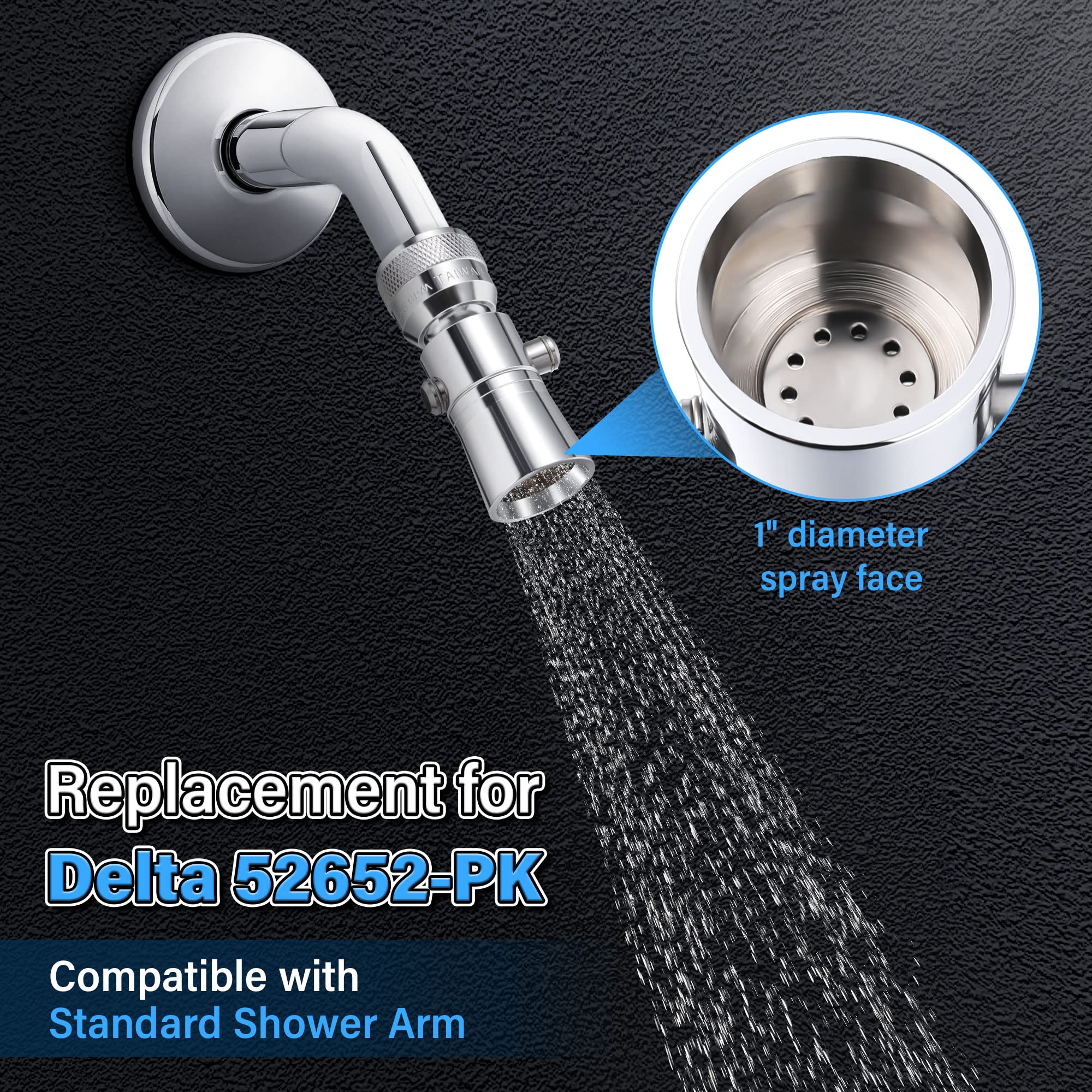 Enhon 1 Set 2 Setting Pivoting Single Spray Shower Head with Shut Off Valve Replacement for 52652-PK Compatible with Delta Shower 2.5 GPM Brass Water Saving Shower Head Chrome 1" Diameter Spray Face