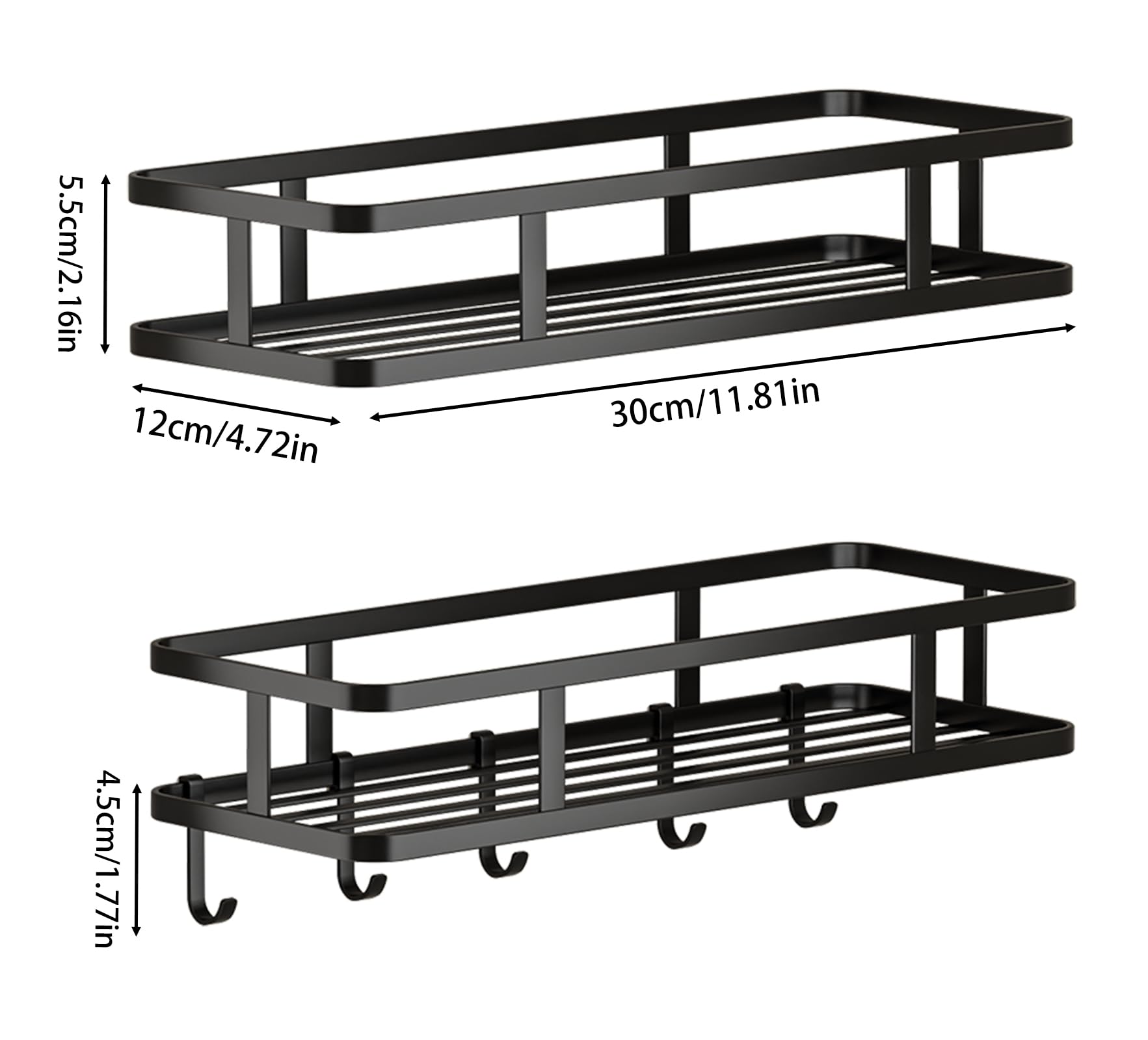 Diderm Shower Caddy - 2 Pack, Adhesive Shower Organizer No Drilling with 10 Hooks, Rustproof Bathroom Shelves Basket, Large Capacity Wall Mounted Shower Rack for Bathroom, Kitchen, Matte Black