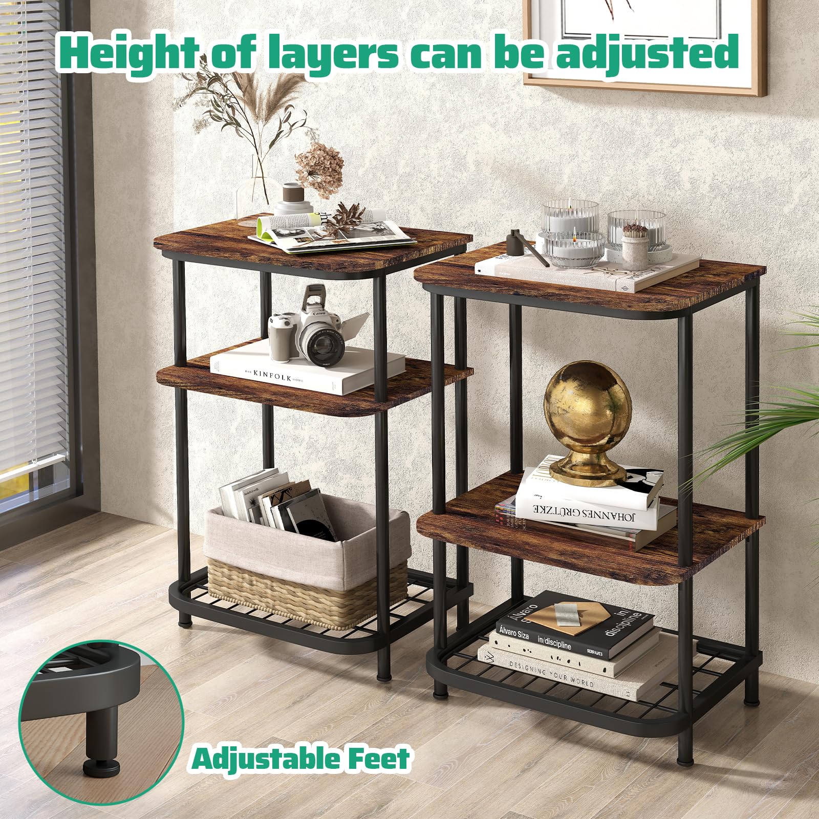 MOFAIN Side Table 3-Tier Small End Table for Small Spaces Storage Accent Table Night Stand for Living Room Bedroom Couch(Rustic Brown)