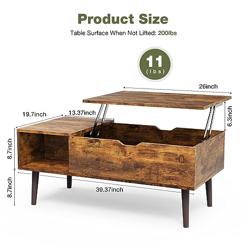 OLIXIS Modern Coffee Table Wooden Furniture with Lifting Tabletop, Storage Shelf and Hidden Compartment for Living Room Office, Rust Brown