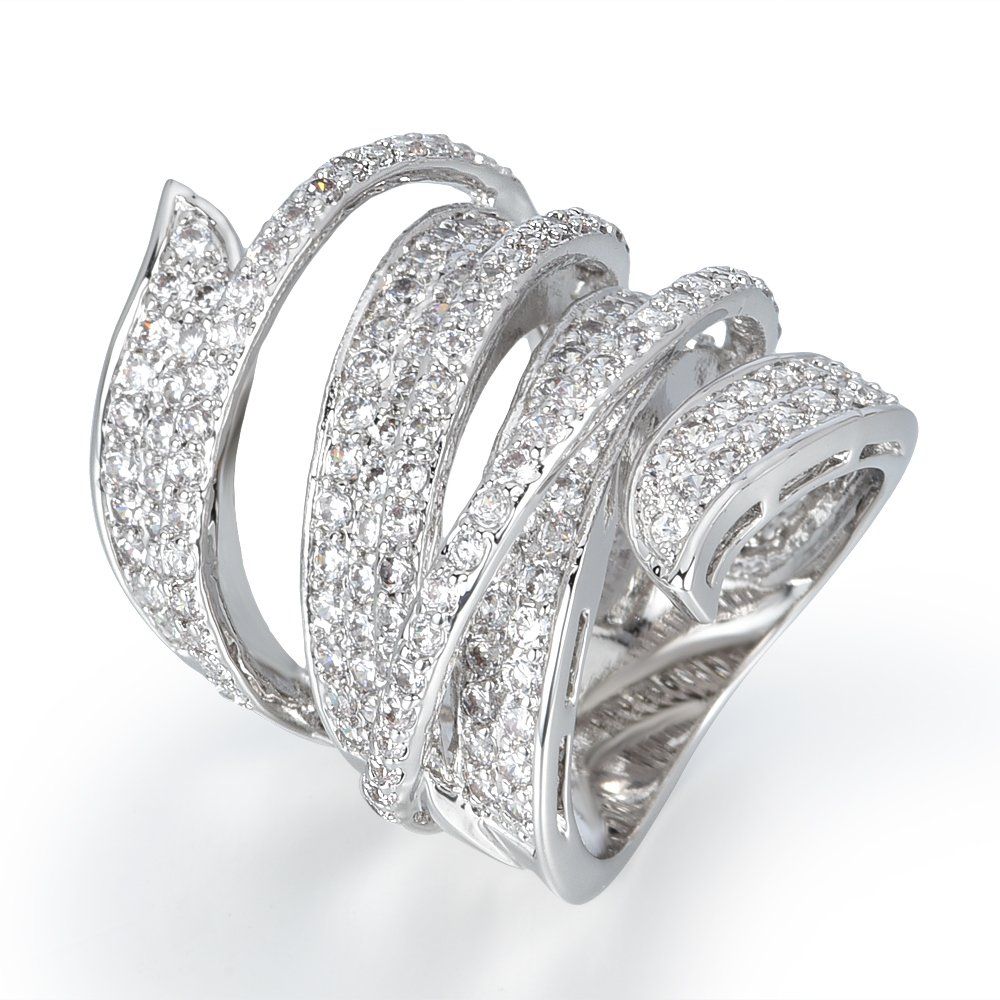 Delicin Jewelry Rhodium Plated Cubic Zirconia Wide Band Cocktail Ring
