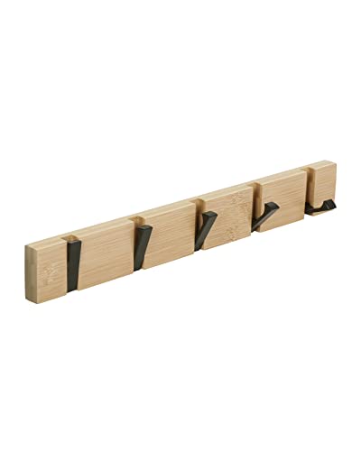 JSVER Wooden Coat Hooks Coat Rack Wall Mount, Space-Saving Coat Rack with 5 Standard Retractable Hooks, Hat Coat Hook for Entryway, Hallway, Bathroom, Living Room, Bedroom