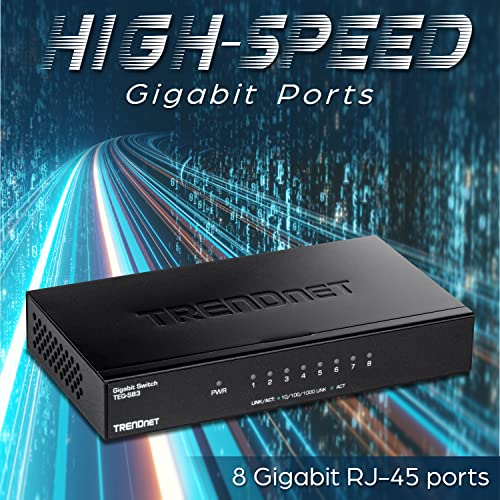 TRENDnet 8-Port Gigabit Desktop Switch, TEG-S83, 8 x Gigabit RJ-45 Ports, Ethernet Splitter, 16Gbps Switching Capacity, Fanless Design, Metal Enclosure, Lifetime Protection, Black