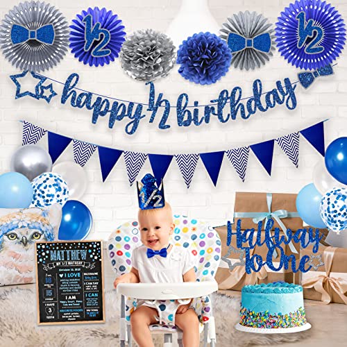 Half Birthday Decorations Baby Boy, Hombae 1/2 Birthday Boy Decorations Supplies, 6 Months Birthday Decorations Boy, Blue Glitter Half Birthday Banner with Triangle Flag Banner, 1/2 Birthday Hat Crown with Blue Bow Tie, Halfway to One Cake Topper, Blue Gr